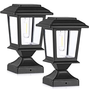 suponar metal solar post lights outdoor, fence post lights solar powered waterproof, solar post cap lights 4x4 lamp lighting for railing deck garden decor, 2 pack(5.5×5.5×8.4 inch)