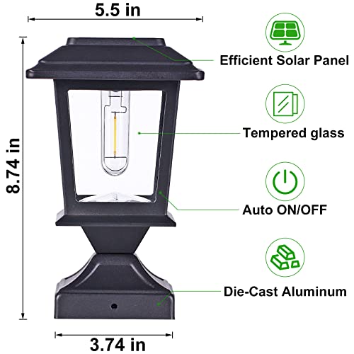 Suponar Metal Solar Post Lights Outdoor, Fence Post Lights Solar Powered Waterproof, Solar Post Cap Lights 4X4 Lamp Lighting for Railing Deck Garden Decor, 2 Pack(5.5x5.5x8.4 inch)