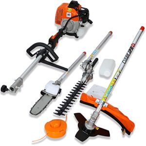 4 in 1 multi-functional trimming tool, 52cc 2-cycle garden tool system with gas pole saw, hedge trimmer, grass trimmer, and brush cutter