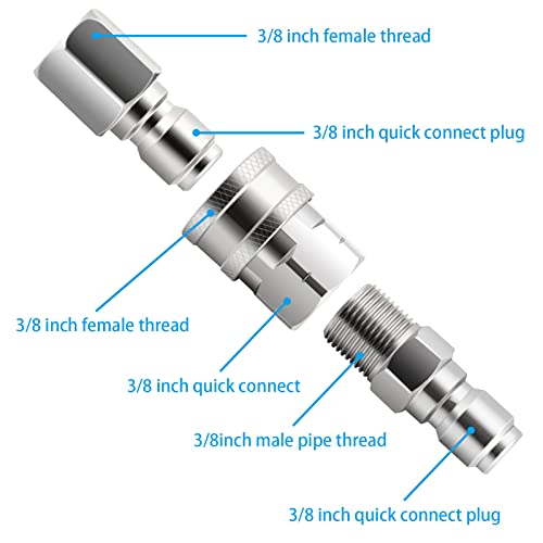 4PCS 3/8 Inch NPT Quick Connect Pressure Washer Coupler，Stainless Steel Pressure Washer Adapter Set, Male and Female Power Washer Quick Disconnect Kit