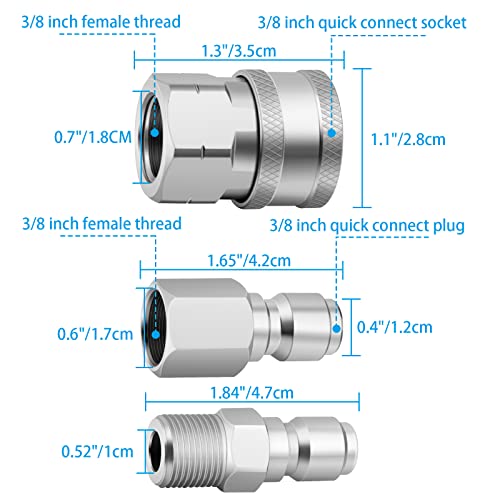 4PCS 3/8 Inch NPT Quick Connect Pressure Washer Coupler，Stainless Steel Pressure Washer Adapter Set, Male and Female Power Washer Quick Disconnect Kit