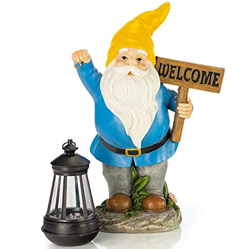 VP Home Welcome Gnome with Lantern Solar Powered LED Outdoor Decor Garden Light (Yellow Hat) Welcome gnome Statues Outdoor gnome Decor Funny Figurine Decor for Outside Patio, Yard, Lawn