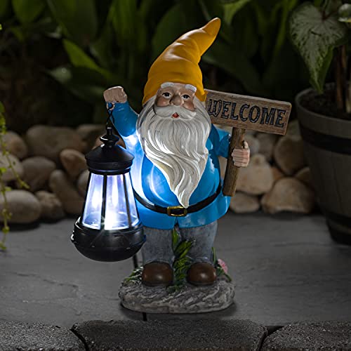 VP Home Welcome Gnome with Lantern Solar Powered LED Outdoor Decor Garden Light (Yellow Hat) Welcome gnome Statues Outdoor gnome Decor Funny Figurine Decor for Outside Patio, Yard, Lawn