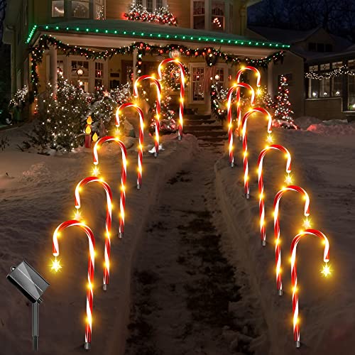 Candy Cane Lights, 12 Pack Solar Candy Cane Christmas Decorations, Waterproof Candy Cane Pathway Markers Light with Star, Outdoor Christmas Decor for Yard Driveway Lawn Garden Xmas Tree Holiday Gift