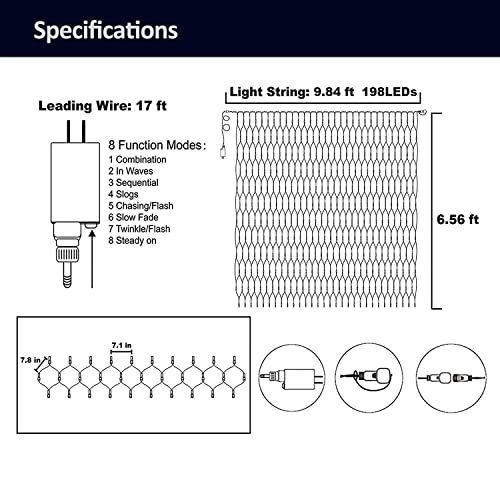 9.8FT x 6.6FT 198 LED Net Lights, Connectable 8 Lighting Twinkle Modes Mesh Lights for Christmas Outdoor Patio Garden Bush Fence Decorations (Warm White)