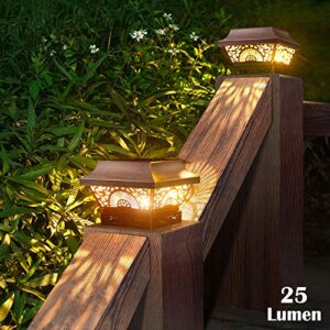 DenicMic Solar Post Lights 2 Pack Solar Post Cap Lights Outdoor Waterproof Metal Warm White LED Lighting 25 Lumen for 3.5x3.5 4x4 5x5 Wooden Fence Posts, Deck Rail, Yard, Patio, Garden (Copper)