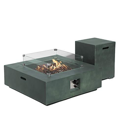 COSIEST 2-Piece Outdoor Propane Firepit Table Set, Green Faux Stone 35 inches Square Fire Table w 50,000 BTU Stainless Steel Burner, Wind Guard, w Metal Lid 20gl Hideway Tank for Garden, Porch