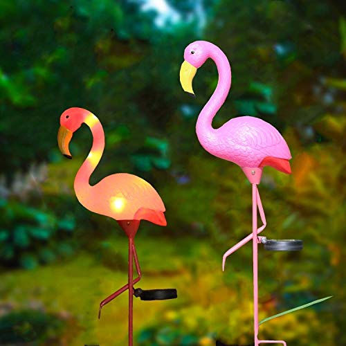 W-DIAN Pink Flamingo Solar Lights Outdoor Pathway Metal Yard Art Plastic Patio Path Lawn Garden Outside Post Lighting 1 Pack Flamingo Gifts