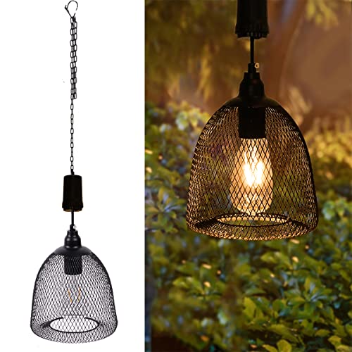 Battery Operated Hanging Light -Retro Decor lamp Black Metal Mesh LampEdison Bulb Lightswith 6 Hours TimerOutdoor Pendant Chandelier Lantern Great for Gazebo Garden Patio Living Room Indoors