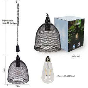 Battery Operated Hanging Light -Retro Decor lamp Black Metal Mesh LampEdison Bulb Lightswith 6 Hours TimerOutdoor Pendant Chandelier Lantern Great for Gazebo Garden Patio Living Room Indoors