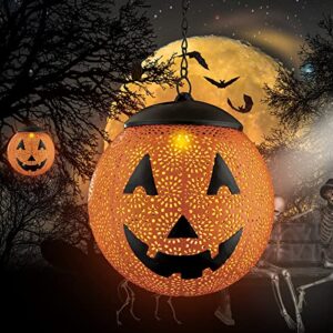 halloween solar hanging lights outdoor – garden solar metal lantern decor, solar powered led waterproof decorative round hanging light for yard, patio, pathway, porch