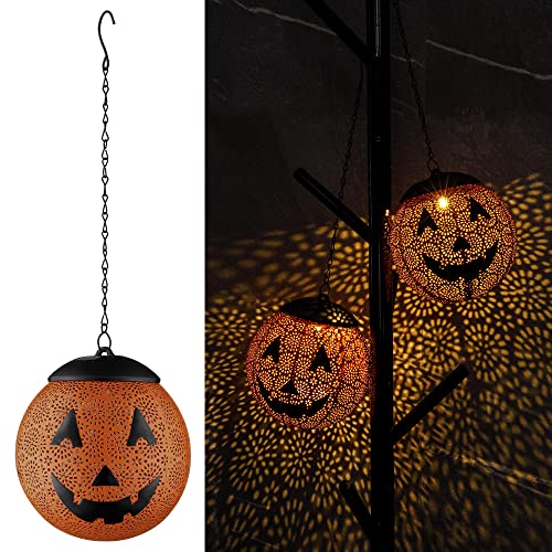 Halloween Solar Hanging Lights Outdoor - Garden Solar Metal Lantern Decor, Solar Powered Led Waterproof Decorative Round Hanging Light for Yard, Patio, Pathway, Porch