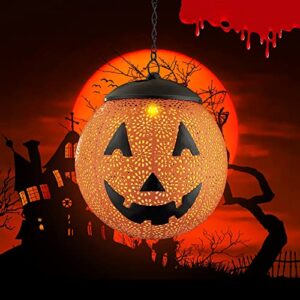 Halloween Solar Hanging Lights Outdoor - Garden Solar Metal Lantern Decor, Solar Powered Led Waterproof Decorative Round Hanging Light for Yard, Patio, Pathway, Porch