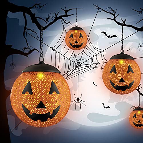 Halloween Solar Hanging Lights Outdoor - Garden Solar Metal Lantern Decor, Solar Powered Led Waterproof Decorative Round Hanging Light for Yard, Patio, Pathway, Porch