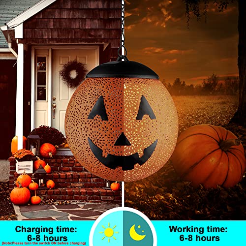 Halloween Solar Hanging Lights Outdoor - Garden Solar Metal Lantern Decor, Solar Powered Led Waterproof Decorative Round Hanging Light for Yard, Patio, Pathway, Porch