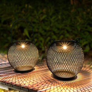 solar lantern – hanging solar lights outdoor waterproof, mesh metal lantern decorative solar powered patio decor for garden yard backyard porch table pathway tree lighting, warm white, 2 pack