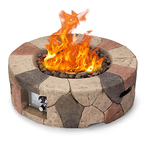 ECOTOUGE Round Gas Fire Pit Tables(40,000 BTU ,28 Inch) w/ Lava Rocks, Propane Hose, Handle, Cover for Backyard, Garden, Home, Outside Patio, CSA Certification,Warm Red & Beige