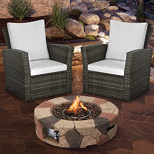 ECOTOUGE Round Gas Fire Pit Tables(40,000 BTU ,28 Inch) w/ Lava Rocks, Propane Hose, Handle, Cover for Backyard, Garden, Home, Outside Patio, CSA Certification,Warm Red & Beige