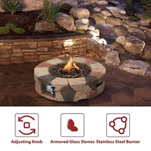 ECOTOUGE Round Gas Fire Pit Tables(40,000 BTU ,28 Inch) w/ Lava Rocks, Propane Hose, Handle, Cover for Backyard, Garden, Home, Outside Patio, CSA Certification,Warm Red & Beige