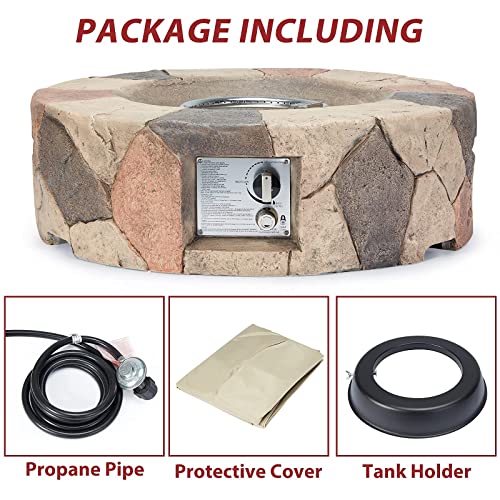 ECOTOUGE Round Gas Fire Pit Tables(40,000 BTU ,28 Inch) w/ Lava Rocks, Propane Hose, Handle, Cover for Backyard, Garden, Home, Outside Patio, CSA Certification,Warm Red & Beige