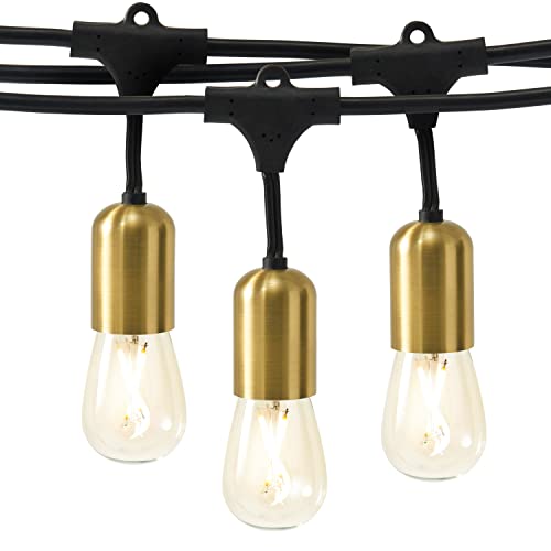 Brightech Glow LED String Lights - 48 Ft Commercial Grade Patio Lights with Beautiful Brass Accents - Outdoor Waterproof Globe Porch String Lights for Outside, Backyard, Gardens - 15 2W LED bulbs