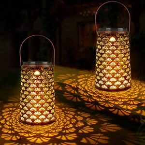 mzd8391 2 pack solar lantern lights outdoor, decorative waterproof garden hanging lights metal led retro lamp for patio, backyard, deck, garden, porch, pathway, courtyard balcony (amber + white)