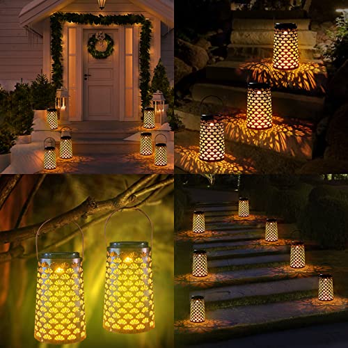 MZD8391 2 Pack Solar Lantern Lights Outdoor, Decorative Waterproof Garden Hanging Lights Metal LED Retro Lamp for Patio, Backyard, Deck, Garden, Porch, Pathway, Courtyard Balcony (Amber + White)