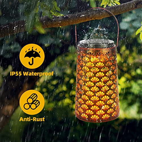 MZD8391 2 Pack Solar Lantern Lights Outdoor, Decorative Waterproof Garden Hanging Lights Metal LED Retro Lamp for Patio, Backyard, Deck, Garden, Porch, Pathway, Courtyard Balcony (Amber + White)