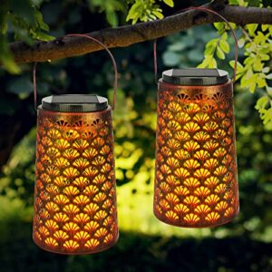 MZD8391 2 Pack Solar Lantern Lights Outdoor, Decorative Waterproof Garden Hanging Lights Metal LED Retro Lamp for Patio, Backyard, Deck, Garden, Porch, Pathway, Courtyard Balcony (Amber + White)