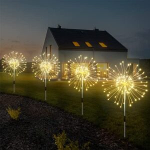 4 Pack Solar Garden Firework Lights, Solar Lights Decorative, 8 Lighting Modes with Remote 120 LED Twinkling Waterproof Landscape Outdoor Decor, for Pathway Backyard Walkway Patio (Warm White)