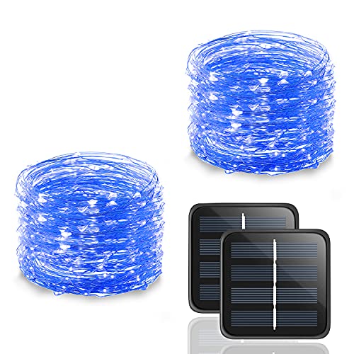 UPOOK Solar String Lights, Copper Wire Solar Fairy Lights 100LED 33Ft 8 Modes, Waterproof Outdoor String Lights, Blue Decorative Lights for Christmas Party Wedding and Patio Garden Yard, 2 Pack