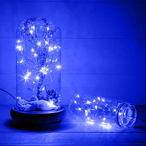 UPOOK Solar String Lights, Copper Wire Solar Fairy Lights 100LED 33Ft 8 Modes, Waterproof Outdoor String Lights, Blue Decorative Lights for Christmas Party Wedding and Patio Garden Yard, 2 Pack