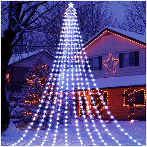 Gorrzai Outdoor Christmas Decorations Yard Star String Lights 420 LED Waterproof Christmas Tree Lights with Tree Topper, 8 Lighting Modes Waterfall Lights for Yard Patio Garden Party (Cold White)