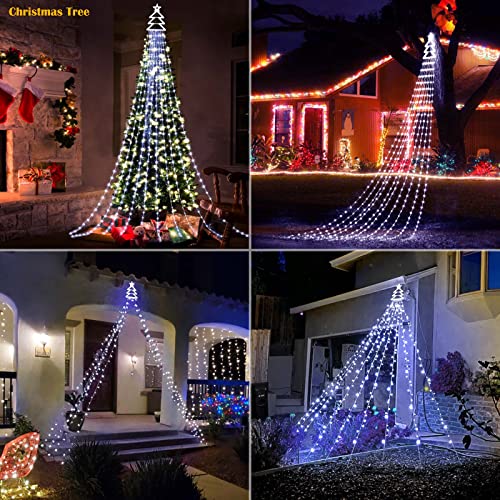 Gorrzai Outdoor Christmas Decorations Yard Star String Lights 420 LED Waterproof Christmas Tree Lights with Tree Topper, 8 Lighting Modes Waterfall Lights for Yard Patio Garden Party (Cold White)