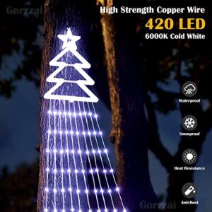 Gorrzai Outdoor Christmas Decorations Yard Star String Lights 420 LED Waterproof Christmas Tree Lights with Tree Topper, 8 Lighting Modes Waterfall Lights for Yard Patio Garden Party (Cold White)