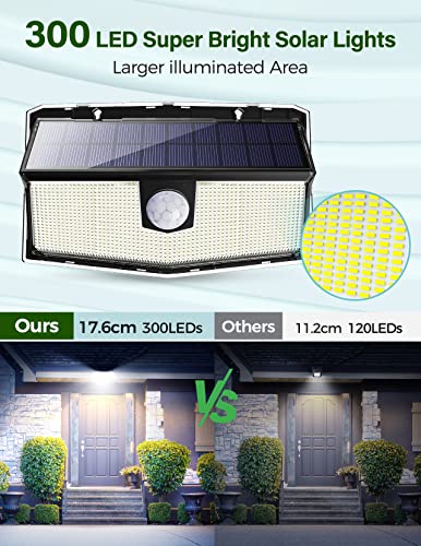 AloftSun 300 LED Solar Lights Outdoor, Big Size IP67 Waterproof 3 Modes 270°Wide Angle Solar Security Wall Lights for Garden, Front Door, Yard, Garage-2 Pack