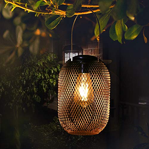 Outdoor Hanging Mesh Metal Lantern, Warm White Bulb Minimalist Design, Outdoor Garden Porch Tabletop Decorative Waterproof Lantern