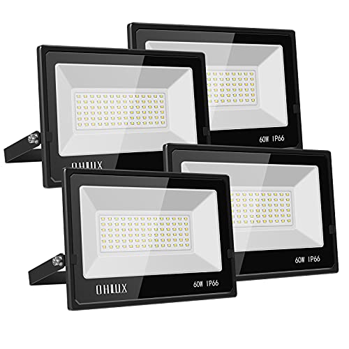 OHLUX LED Flood Lights Outdoor, 6000lumen Superbright, 60W IP66 Waterproof for Security Lights, Exterior Lights, Garden, Patio, Playground, Basketball Court 4 Pack Black