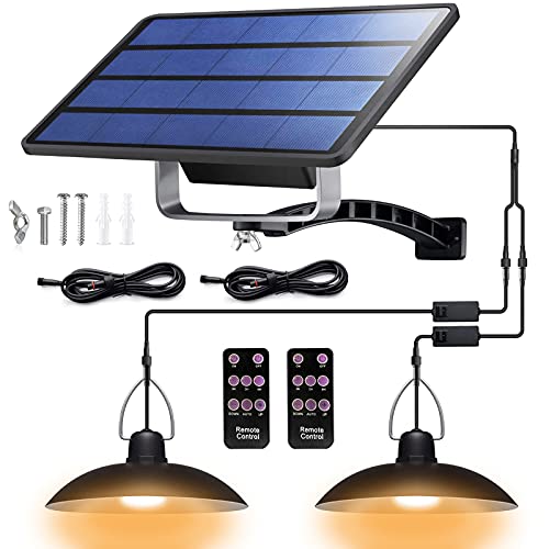 Solar Lights Outdoor with Dual Head Hanging Shed, IP65 Waterproof with 32 LED Lights and 2 Remote Control, Adjustable Solar Panel with 19.68FT Cord for Home Yard Garden Decorate