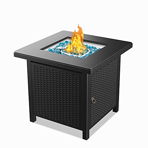 BALI OUTDOORS Gas Fire Pit Patio Furniture Table Propane Firepit, 28Inch Steel Tabletop Fire Pit with Cover Lid, Blue Glass Stone, 50,000BTU, Black