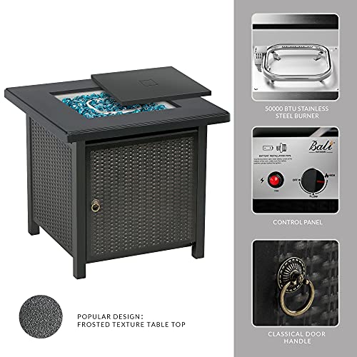 BALI OUTDOORS Gas Fire Pit Patio Furniture Table Propane Firepit, 28Inch Steel Tabletop Fire Pit with Cover Lid, Blue Glass Stone, 50,000BTU, Black