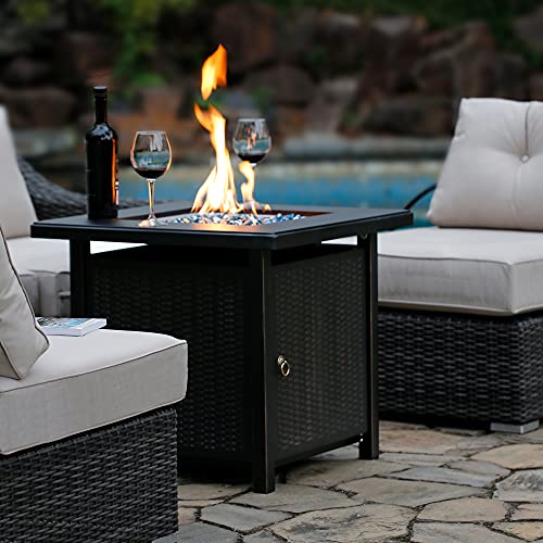 BALI OUTDOORS Gas Fire Pit Patio Furniture Table Propane Firepit, 28Inch Steel Tabletop Fire Pit with Cover Lid, Blue Glass Stone, 50,000BTU, Black