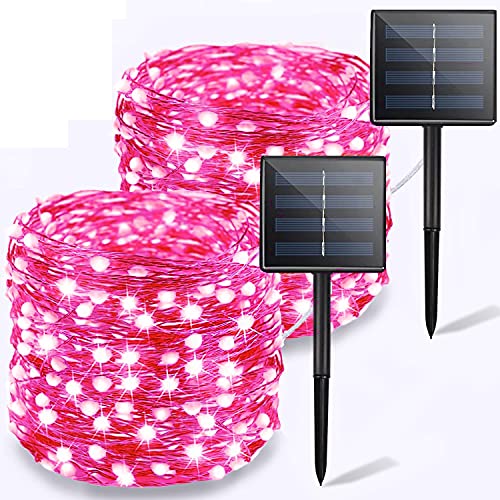 OZS-Solar String Lights Outdoor, 2PK Each 72ft 200LED Pink Solar String Lights, Copper Wire 8 Modes Solar Fairy Lights for Garden Party Valentine's Day Decorations(Pink Light)