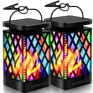 solar lanterns-sunklly hanging solar lights color changing & fixed 9 modes waterproof hanging lanterns outdoor lights flickering flame camping lanterns decoration for tent garden patio pathway(2 pack)