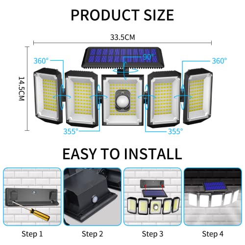 MelonArt Solar Lights Outdoor, 7000K 300 LED Security Lights with Remote Control, 5 Heads 360°Wide Angle Motion Sensor Light, IP65 Waterproof Flood Wall Lights with 3 Modes for Yard Garden, 2 Pack