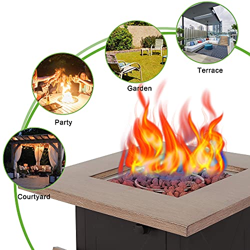 LEGACY HEATING Propane Fire Pit Table 28 inch Outdoor Gas Fire Pit Table, 50,000 BTU Steel 28" Fire Table with Lid and Lava Rock, Square Beige and Black Firepit Table for Outside Patio Backyard Garden