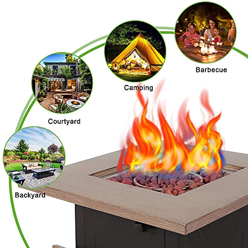 LEGACY HEATING Propane Fire Pit Table 28 inch Outdoor Gas Fire Pit Table, 50,000 BTU Steel 28" Fire Table with Lid and Lava Rock, Square Beige and Black Firepit Table for Outside Patio Backyard Garden