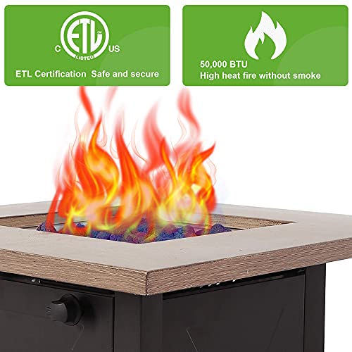 LEGACY HEATING Propane Fire Pit Table 28 inch Outdoor Gas Fire Pit Table, 50,000 BTU Steel 28" Fire Table with Lid and Lava Rock, Square Beige and Black Firepit Table for Outside Patio Backyard Garden