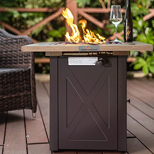 LEGACY HEATING Propane Fire Pit Table 28 inch Outdoor Gas Fire Pit Table, 50,000 BTU Steel 28" Fire Table with Lid and Lava Rock, Square Beige and Black Firepit Table for Outside Patio Backyard Garden