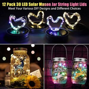 Solar Mason Jar Lights Lids, 12Pcs 30 LED Solar Fairy Lights for Mason Jars, Outdoor Mason Jar Lights Solar Powered with Hangers for Christmas Patio Yard Garden Wedding Decoration(Jars Not Included)